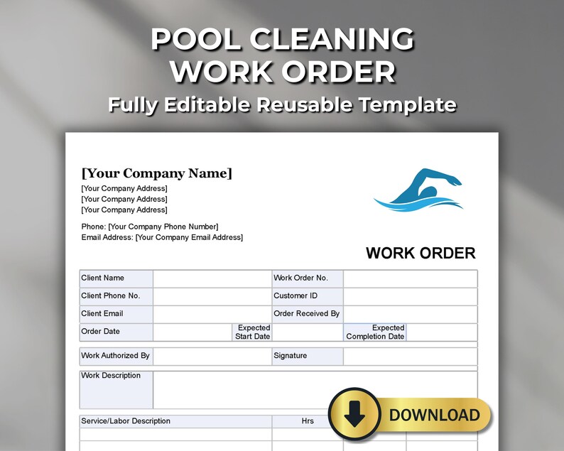 Pool Cleaning Work Order Template - Fillable PDF, Editable Word, Excel ...