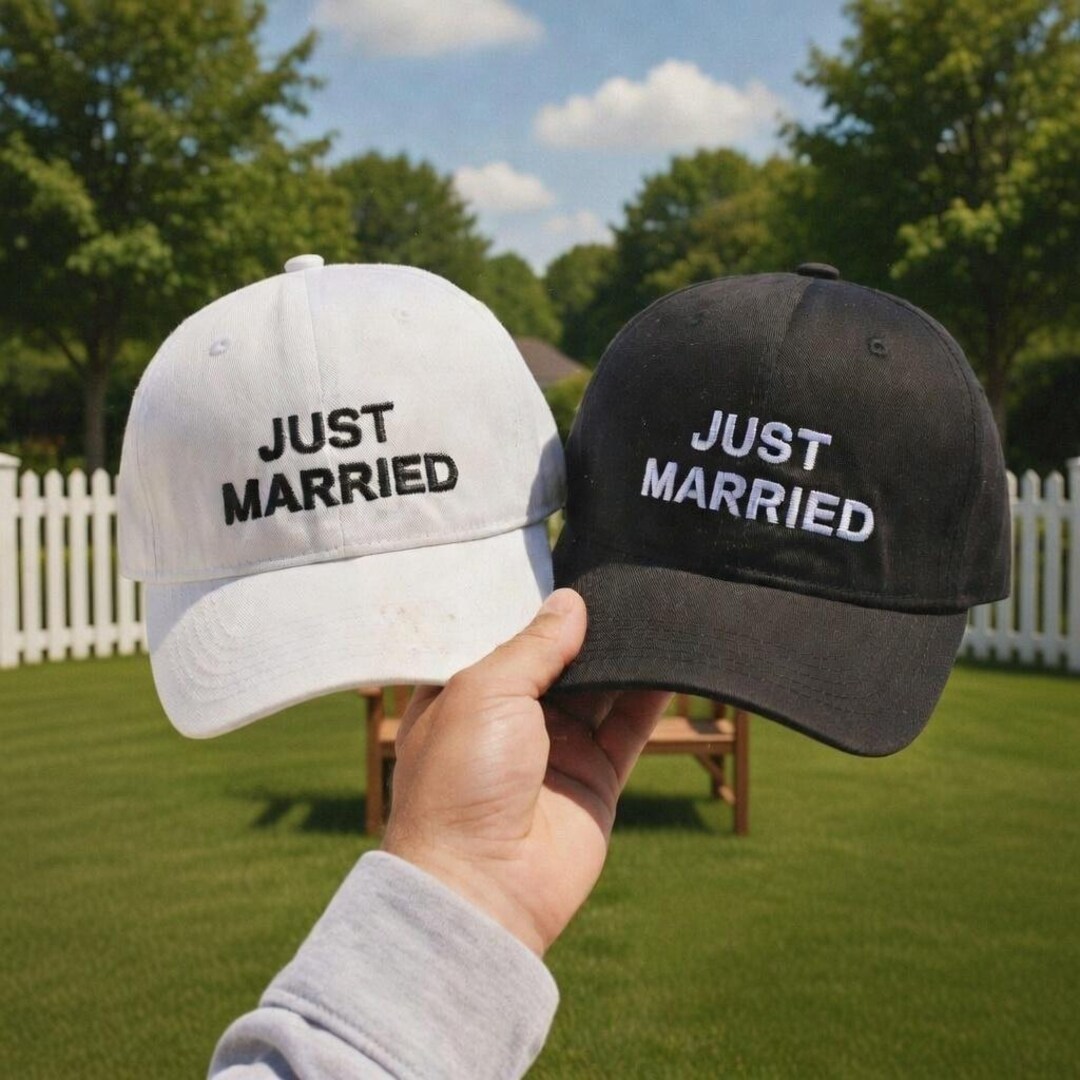 Custom Just Married Embroidered Hat Set, Personalized Honeymoon Couple ...