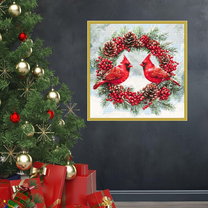 Red Jays Christmas Wreath Round Border Cross Stitch Pattern - Winter ...