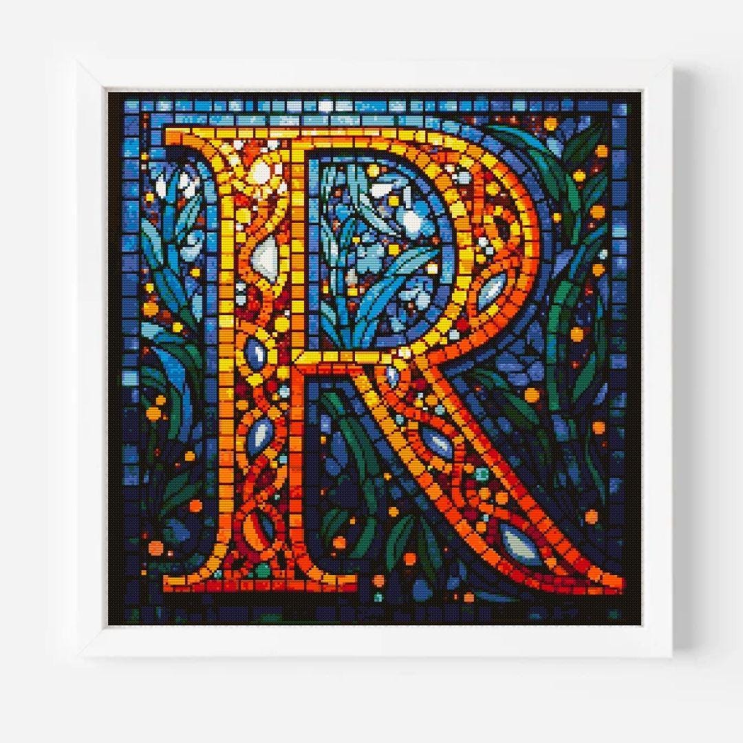Letter R Initial Stained Glass Mosaic Cross Stitch Pattern: Monogram ...