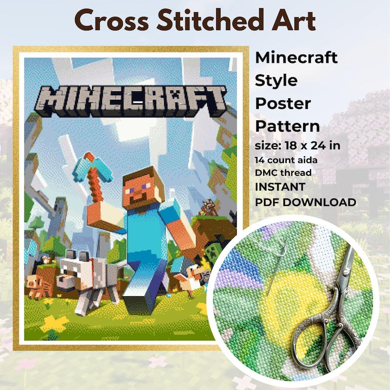 Minecraft-themed Steve Poster Cross Stitch Embroidery Pattern PDF File ...