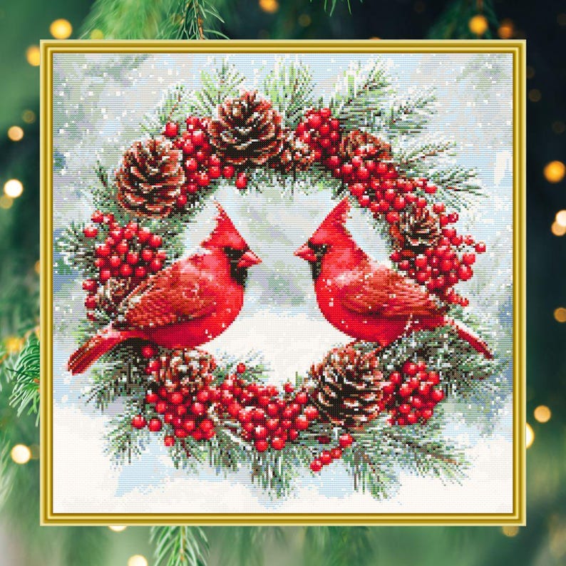 Red Jays Christmas Wreath Round Border Cross Stitch Pattern - Winter ...