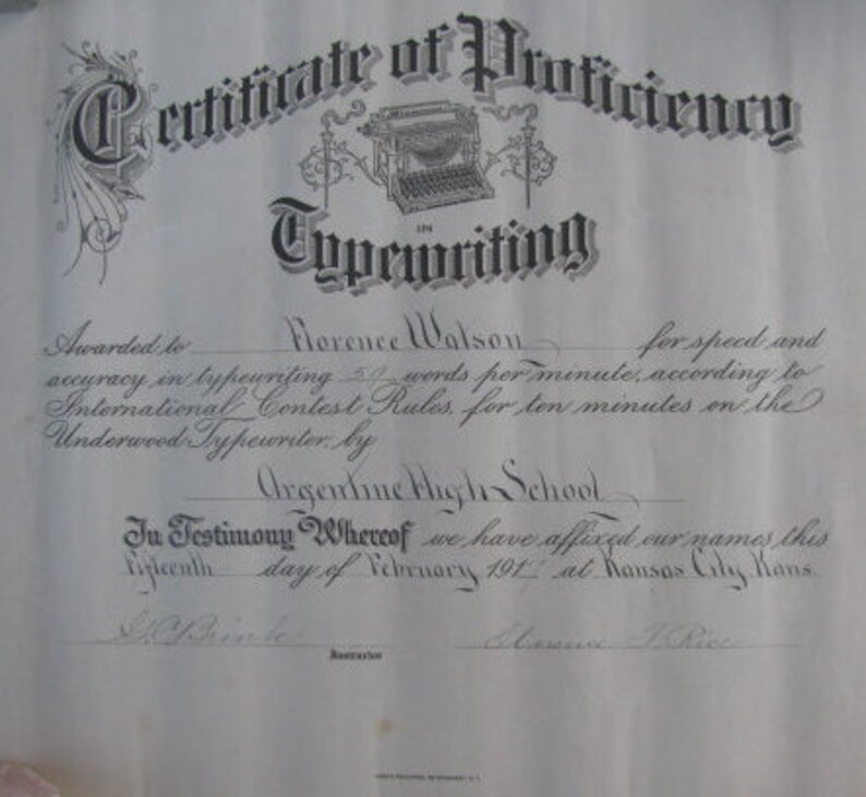 Certificate of Typewritting Proficiency Original Vintage Document From ...