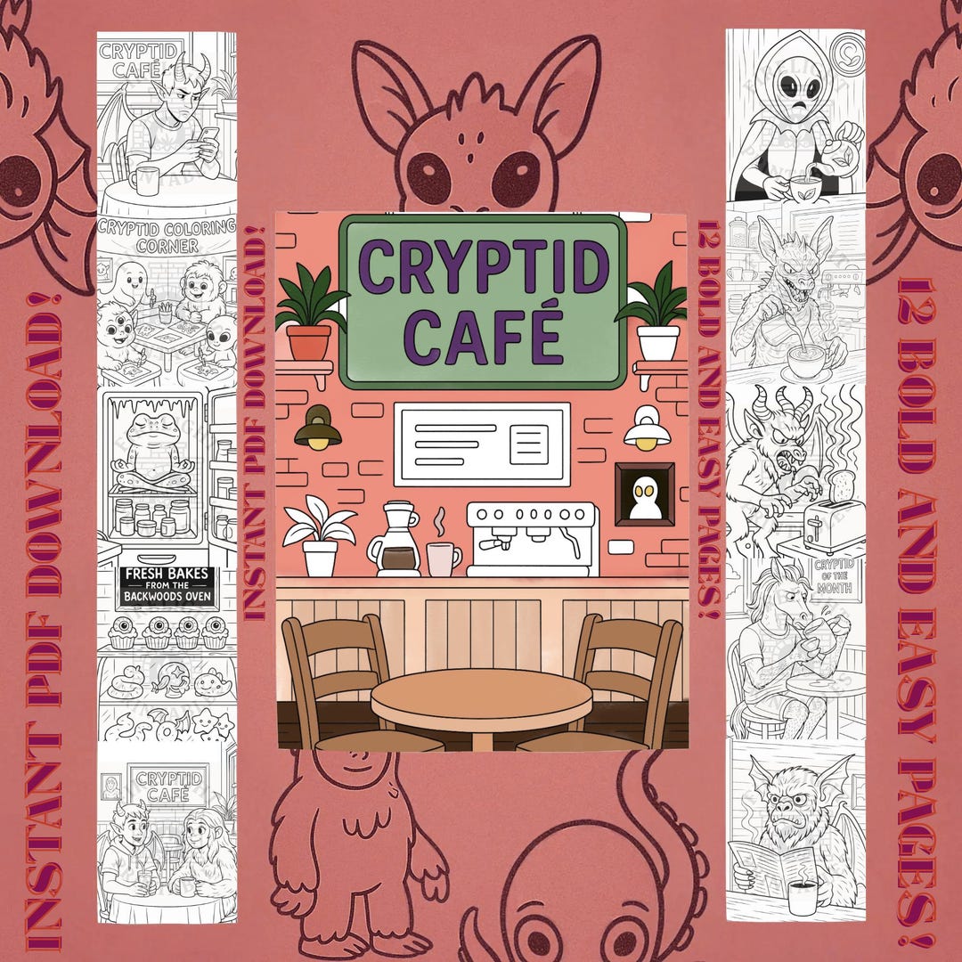 Cryptid Café Bold Easy Coloring Book Kawaii Cute Cryptids Cozy Coffee Shop Friends Funny ...