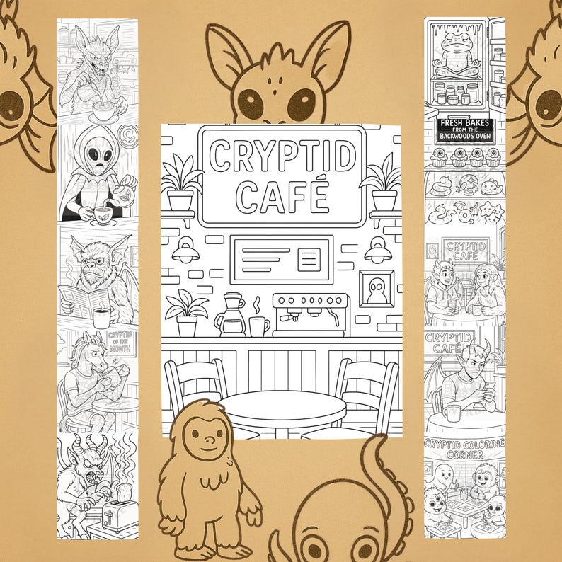 Cryptid Café Bold Easy Coloring Book Kawaii Cute Cryptids Cozy Coffee ...
