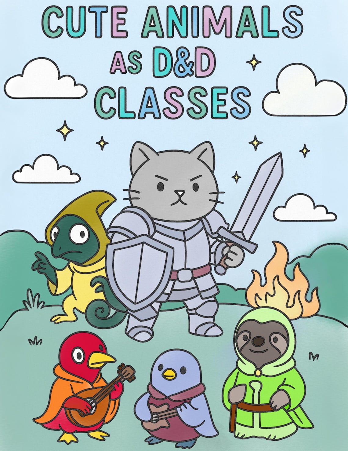 Cute Animal Dnd Class Bold Easy Coloring Book Printable Pets as Wizards ...
