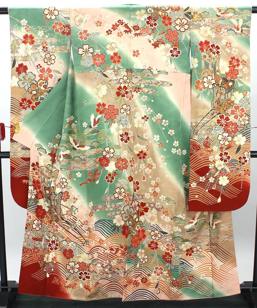Vintage Japanese Furisode Kimono Silk Blue Green Goshoguruma Imperial ...