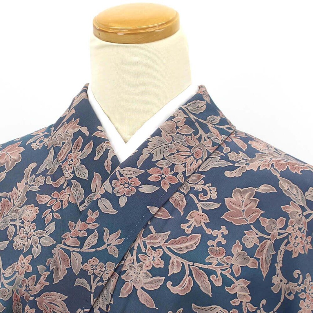 Vintage Japanese Silk Kimono Komon – Gray Blue Karahana Floral Pattern ...