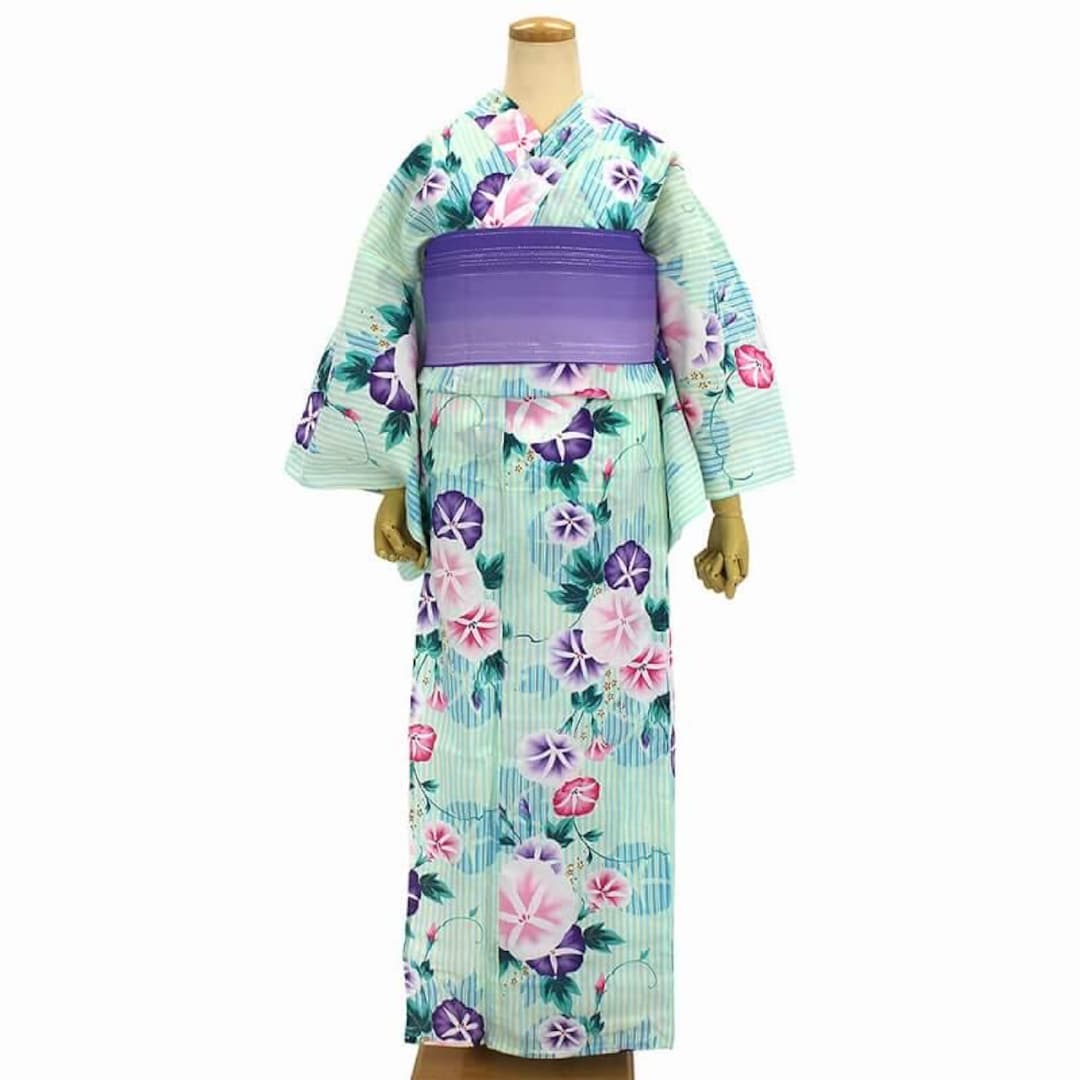 Yukata 100% Cotton | Morning Glory Print | Light Blue, White, Pink ...