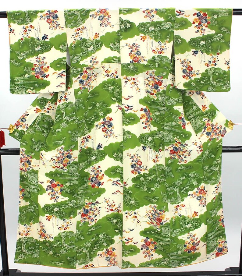 Vintage Japanese Komon Kimono – Green Off-white, Pine Bamboo Plum ...