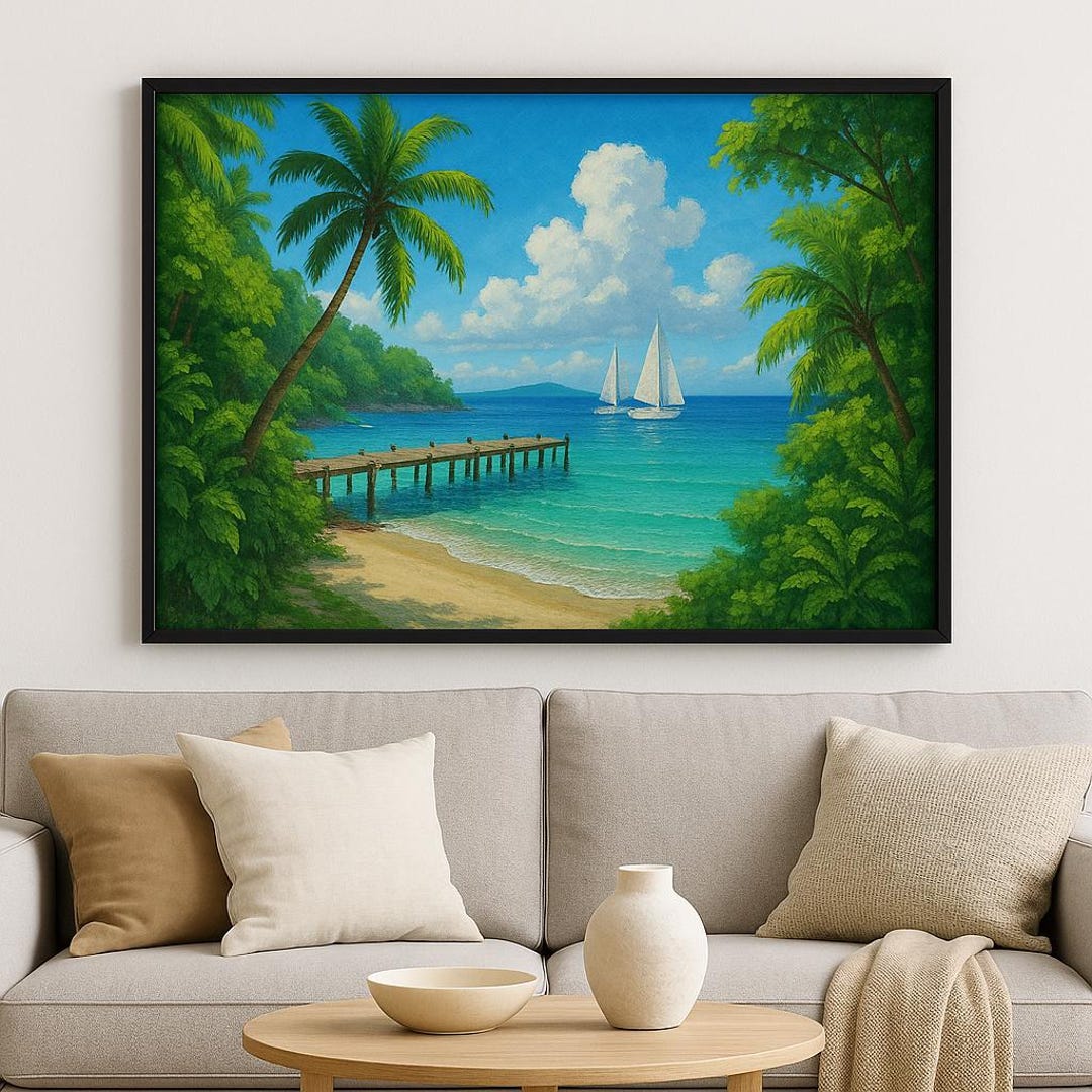 Tropical Beach Digital Print, Wooden Dock Wall Art, Green Island Ocean ...
