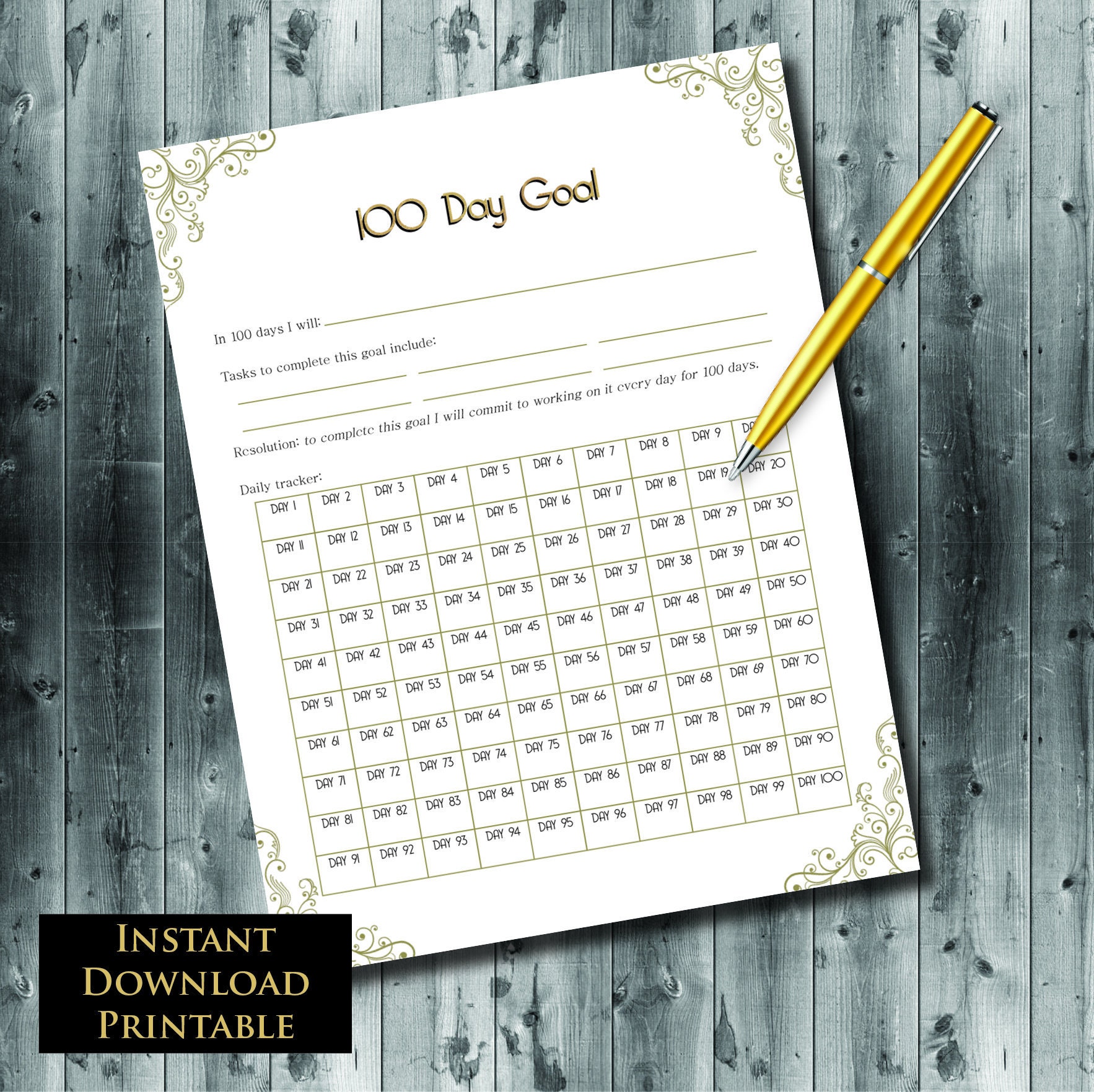 100 Day Goal Tracker Printable Worksheet PDF Instant Download Check off ...