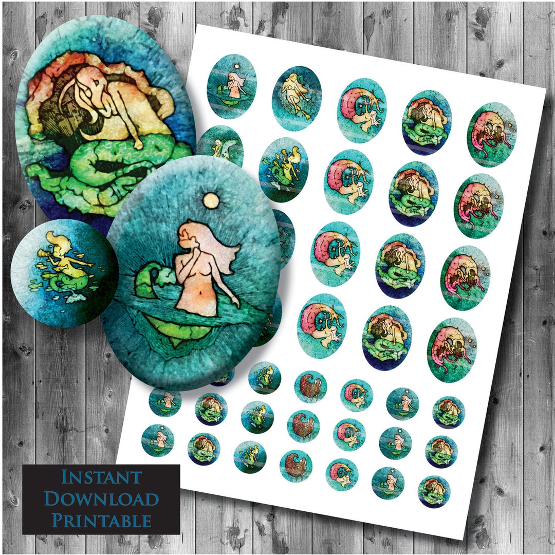Mermaid Oval and Round Images Digital Collage Sheet Printable Unique ...