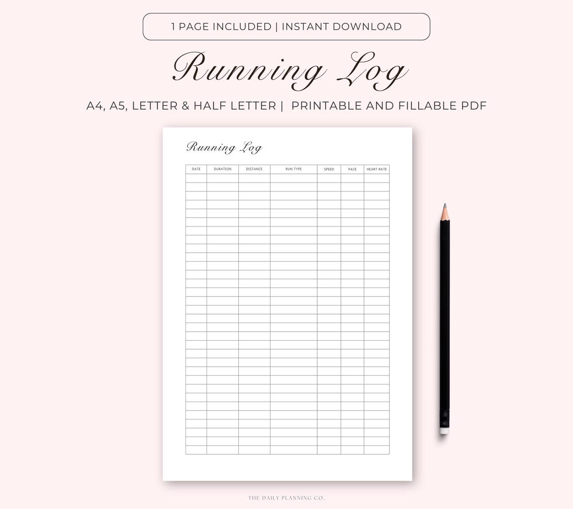 Printable Running Log Template, Running Tracker, Exercise Log, Cardio ...