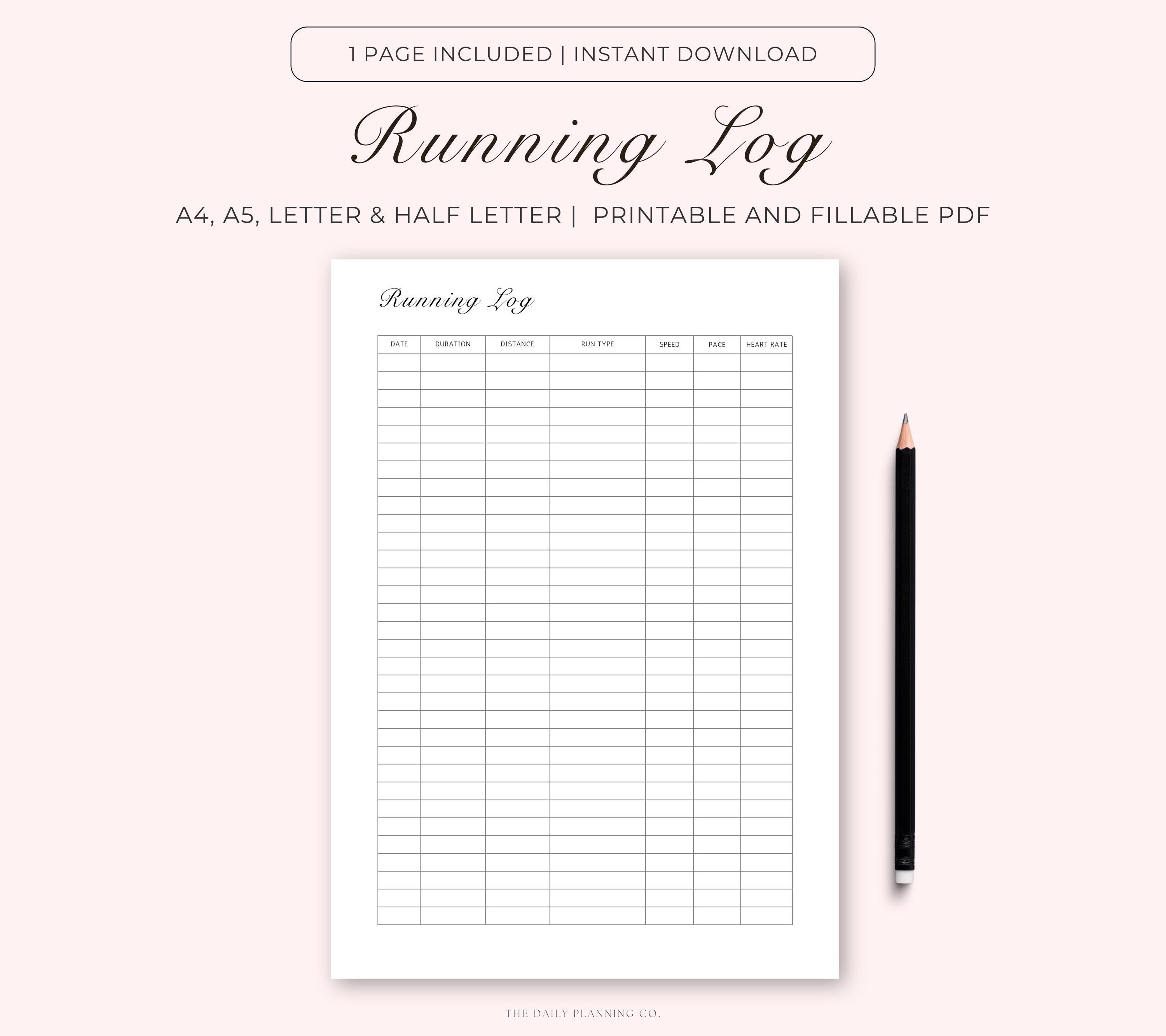 Printable Running Log Template, Running Tracker, Exercise Log, Cardio ...