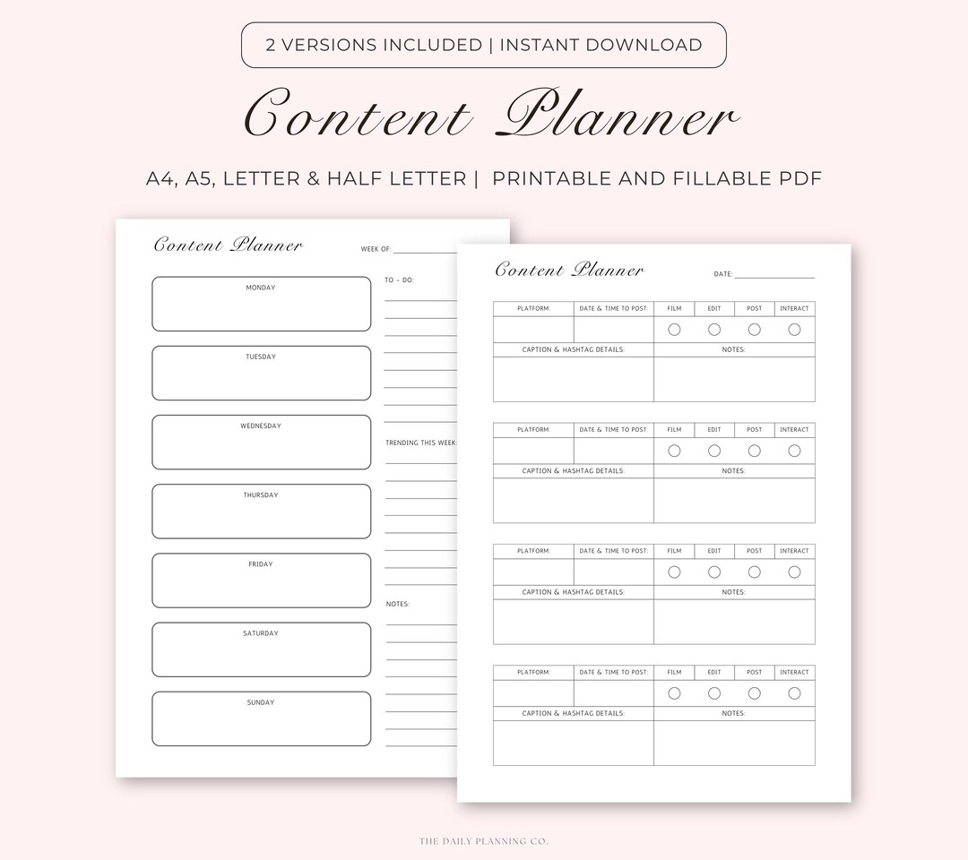 Social Media Content Planner, Printable Fillable PDF - Etsy