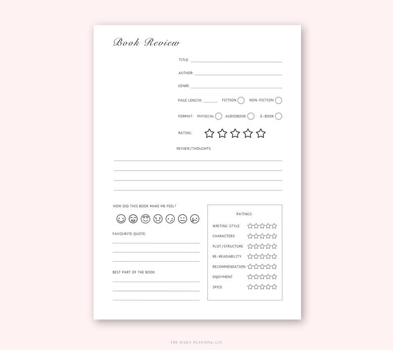 Book Review Template Printable, Reading Journal Page (fillable PDF) - Etsy