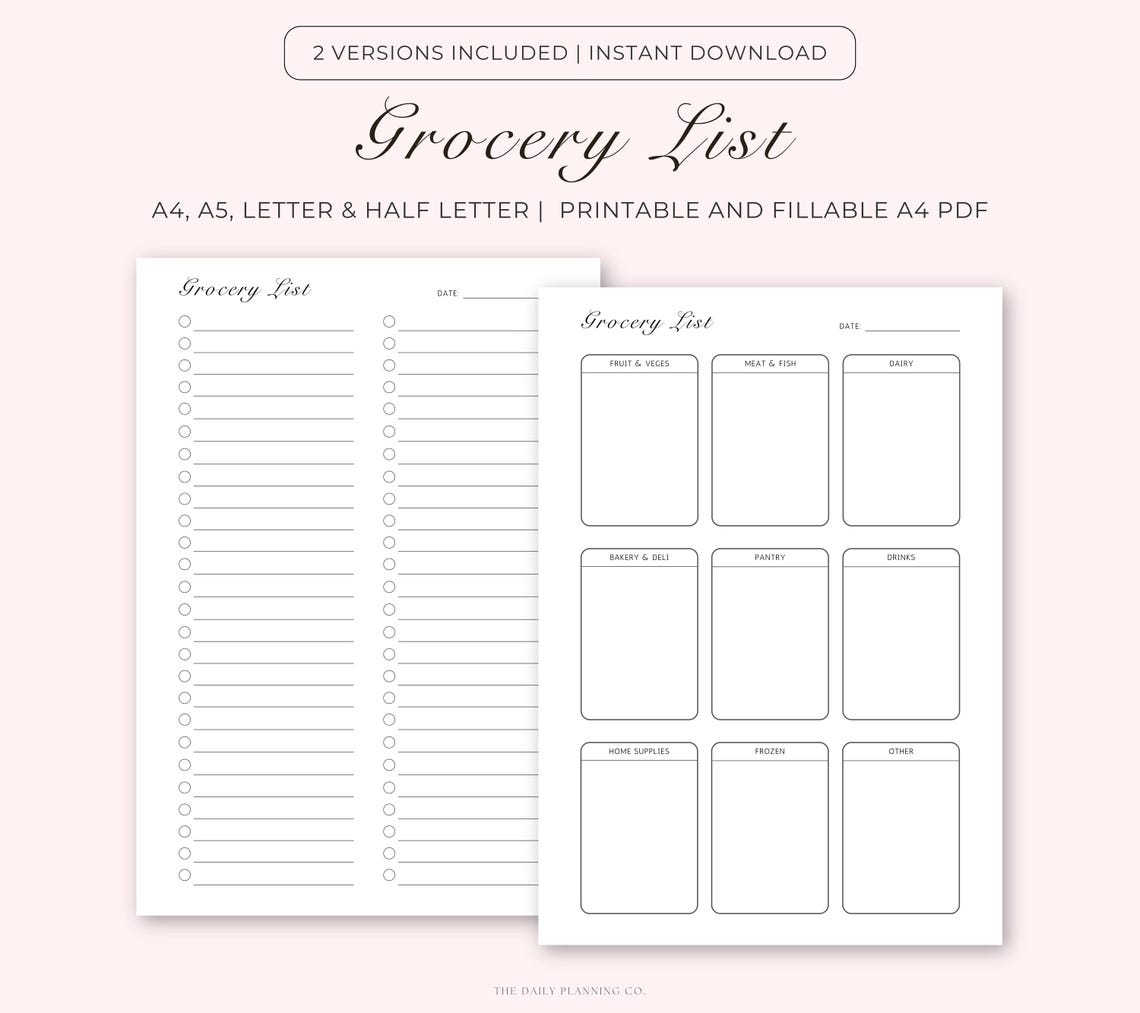 Printable Grocery List Template, Minimalist Food Planner (digital ...