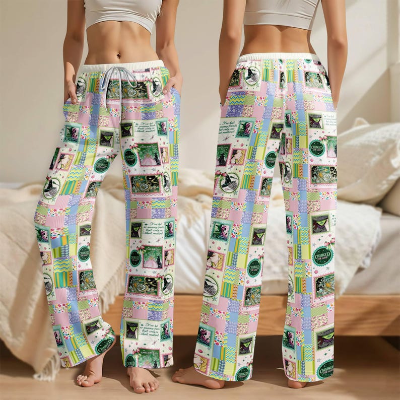 Wicked Movie Pajama Pants Elphaba Glinda Lounge Sleepwear Green Pink ...