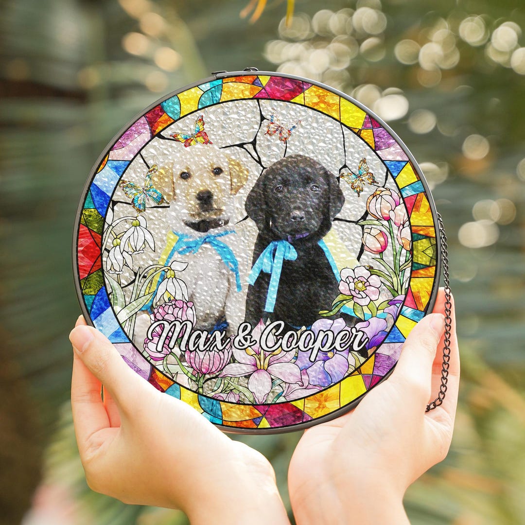 Pet Portrait Stained Glass Suncatcher, Personalized Stained Glass Dog ...