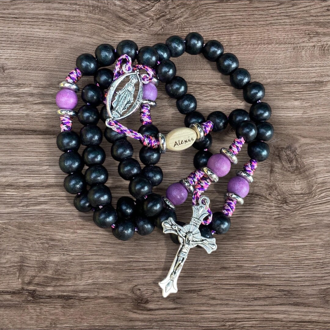Girl's Custom Catholic Rosary Beads With Name, Black and Purple Rosary ...