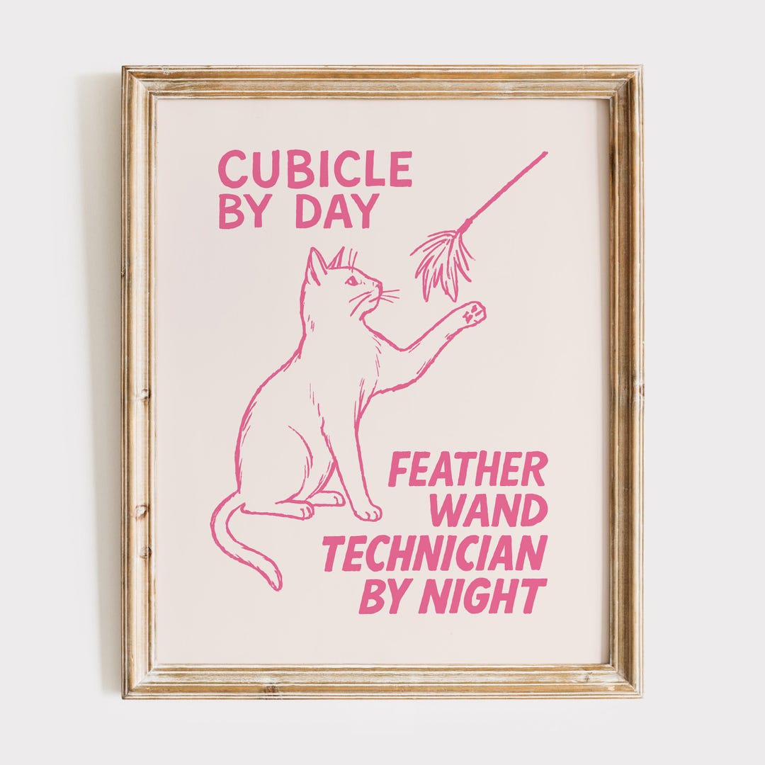 Funny Cat Office Wall Art, Cubicle by Day Feather Wand Technician by ...