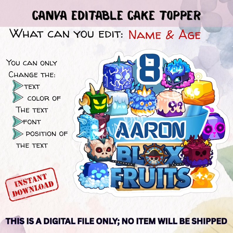 Blox Fruits Cake Topper: Gamer Birthday Party Decor (digital Canva File ...