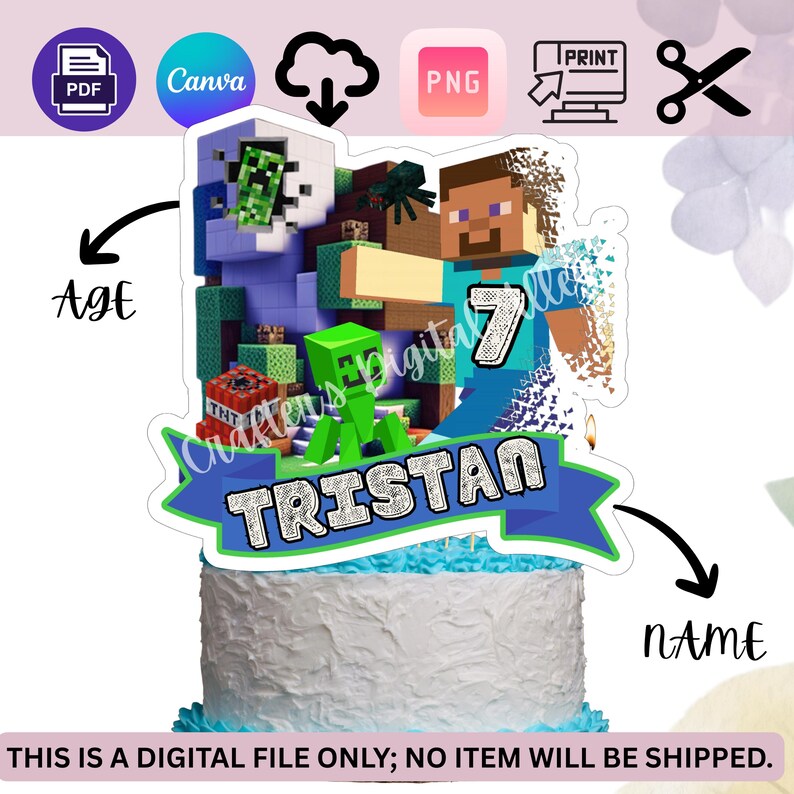 Editable Gamer Cake Topper: Minecrafter Birthday Party Decor (digital ...