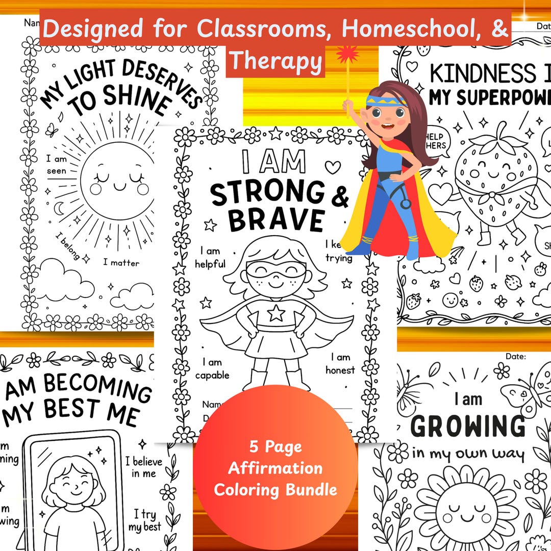 Affirmation Coloring Bundle for Kids, 5‑page Positive Mindset PDF, I Am ...