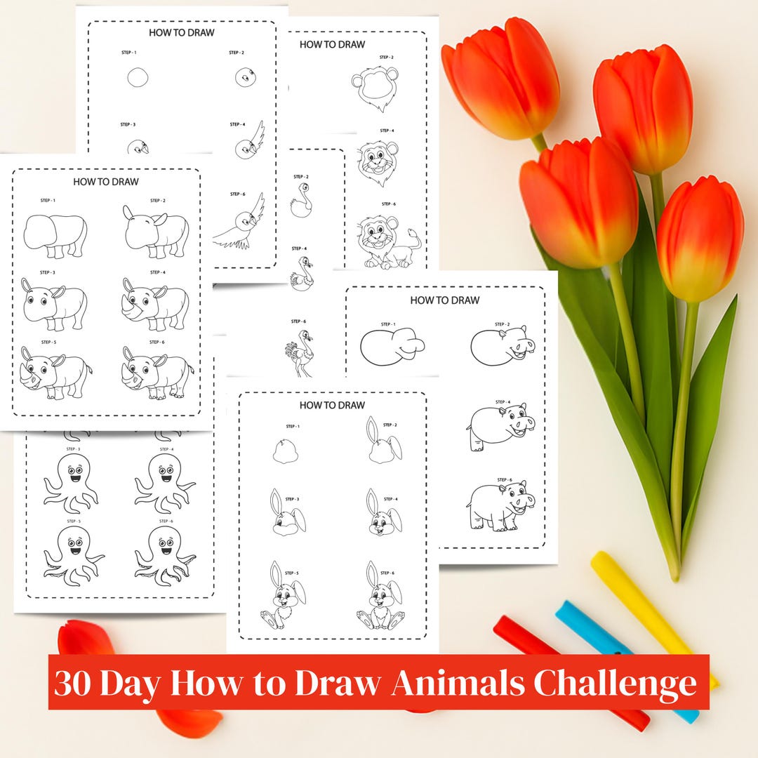 How to Draw Animals for Kids | 30-day Printable Drawing Challenge ...
