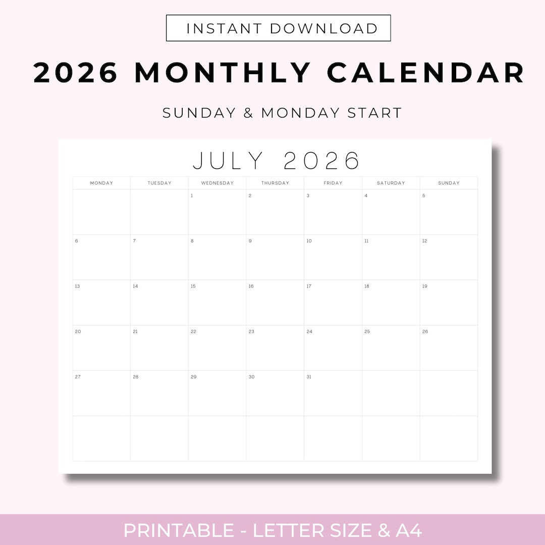 2026 Monthly Calendar, Printable Calendar Template, Minimalist Calendar ...