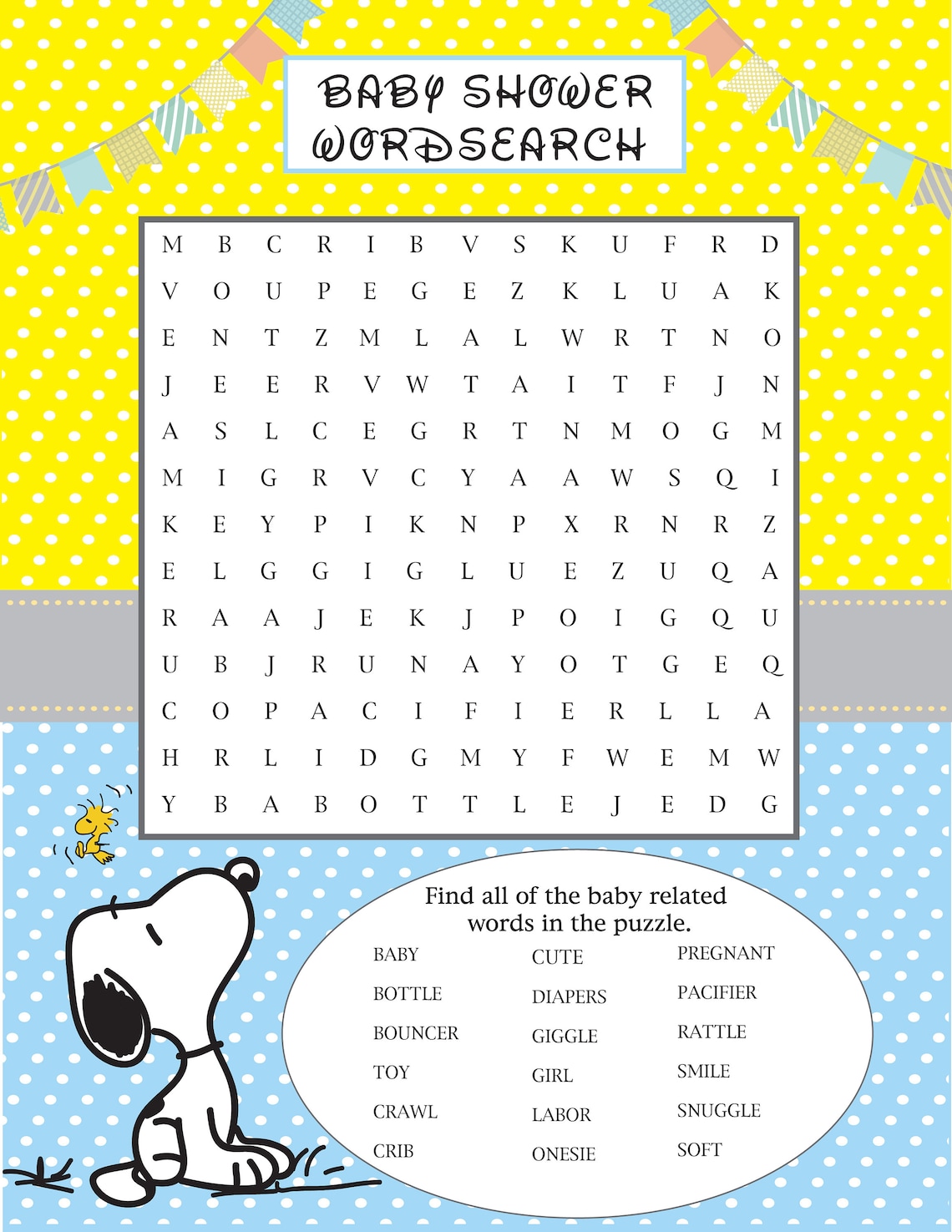 Printable Snoopy Themed Baby Shower Word Search | Etsy Canada