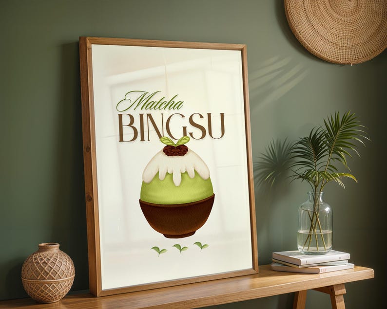 Matcha Bingsu Print: Korean Shaved Ice Dessert Art, Minimalist Kitchen ...