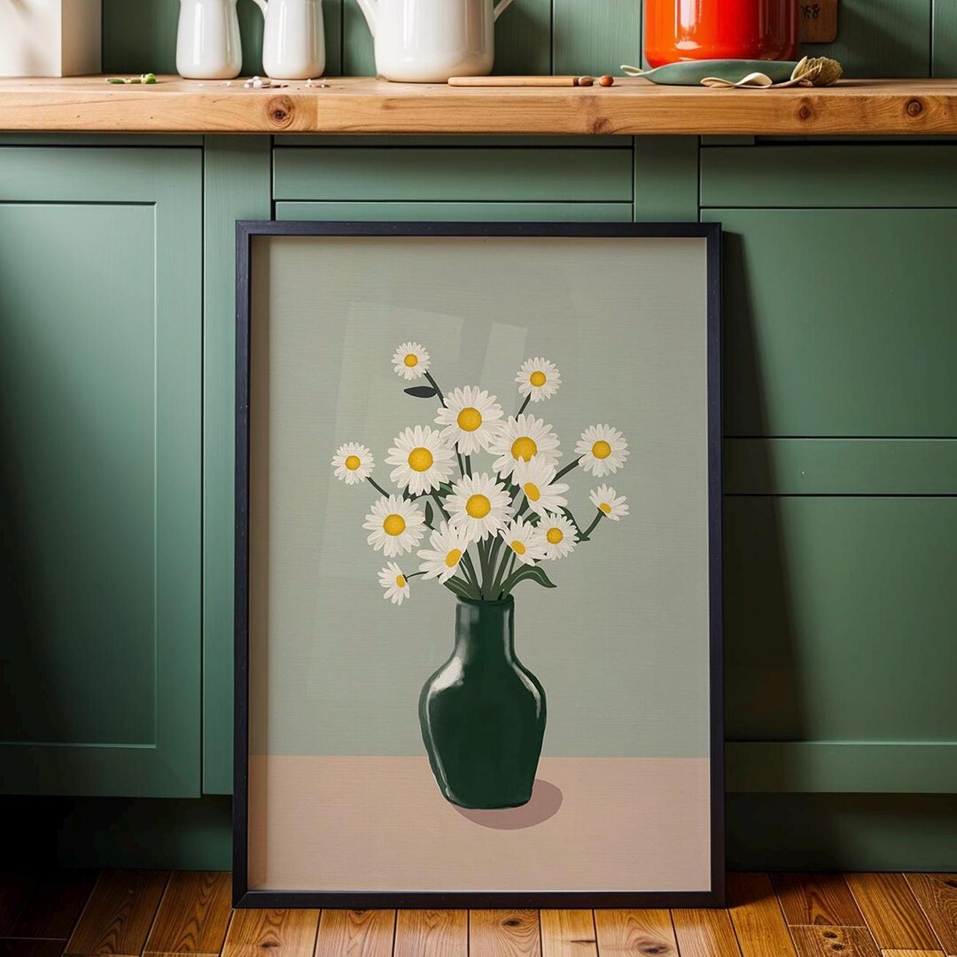 Minimalist Daisy Flower Poster, Green Vase Wall Art, Modern Botanical ...