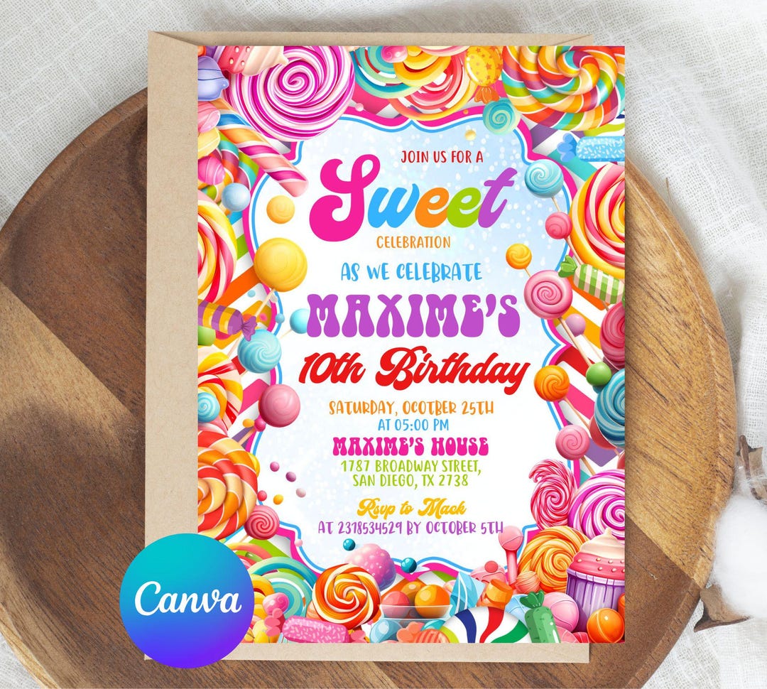 Editable Sweet Celebration Birthday Invitation, Candy Land Invitation ...