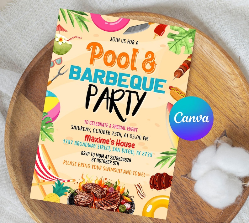 BBQ and Pool Party Invitation, Grill Chill Invite Backyard Bbq Pool Barbecue Pool Party Summer ...