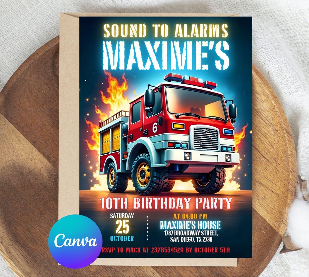 Editable Fire Truck Birthday Invitation Template, Firetruck Invitation ...