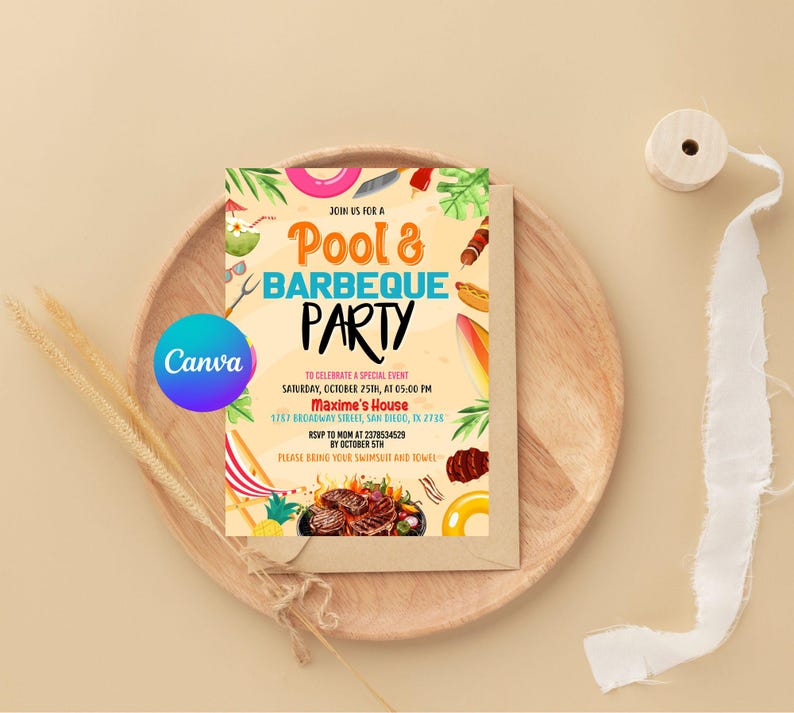 BBQ and Pool Party Invitation, Grill Chill Invite Backyard Bbq Pool Barbecue Pool Party Summer ...