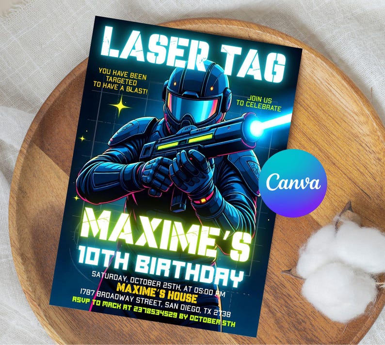 Editable Laser Tag Birthday Invitation, Laser Tag Invitation, Neon ...