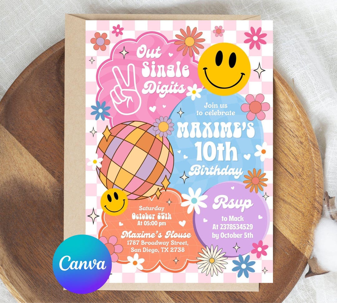 Editable Peace Out Single Digits Checkered Smile Face Invitation Retro ...