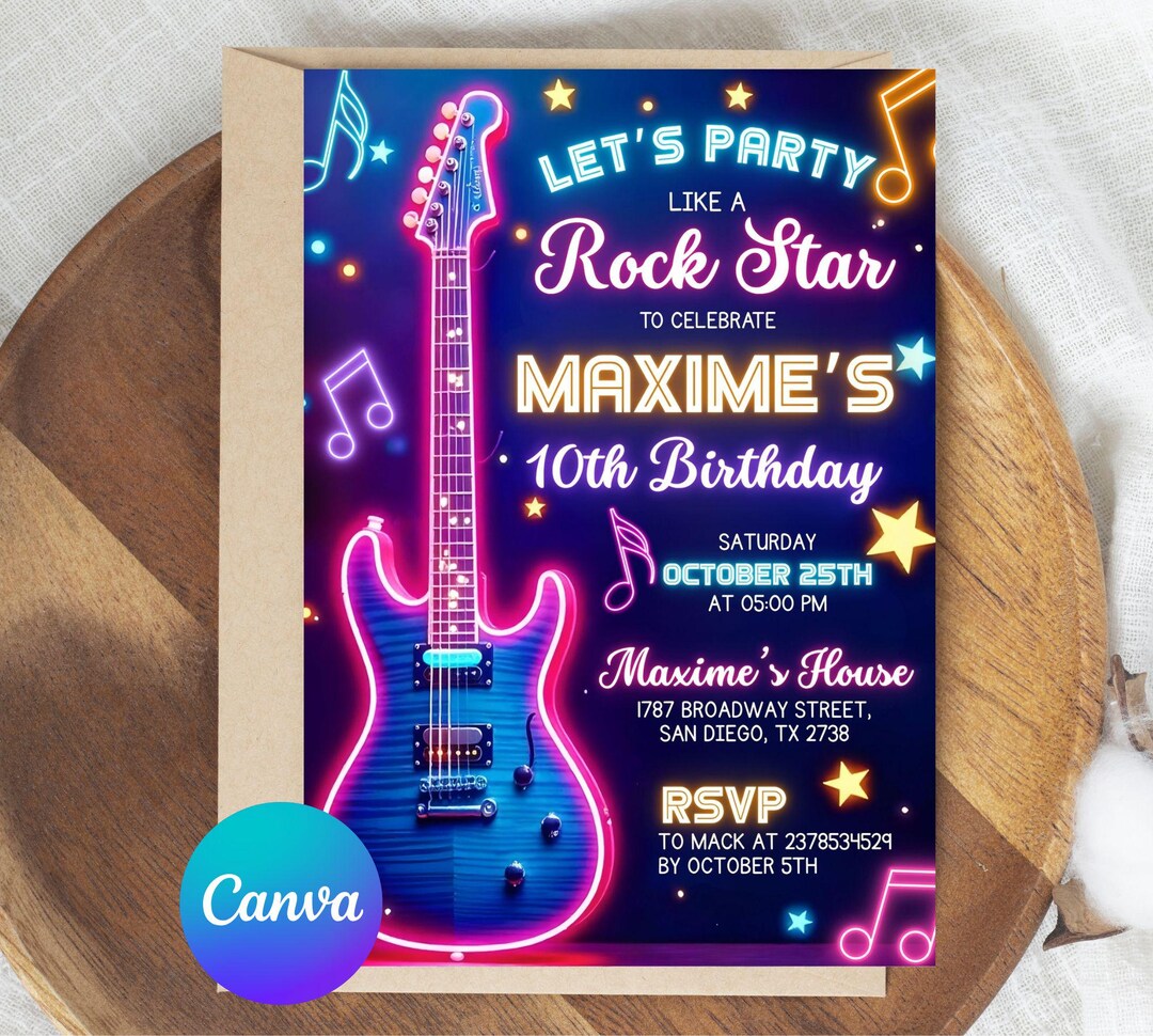 Rockstar Invitation, Rock Star Birthday Party Invitation, Guitar ...