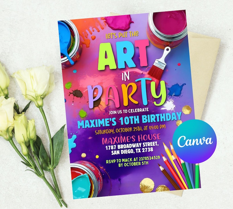 Editable Art Birthday Party Invitation, Tie Dye Arts and Crafts ...