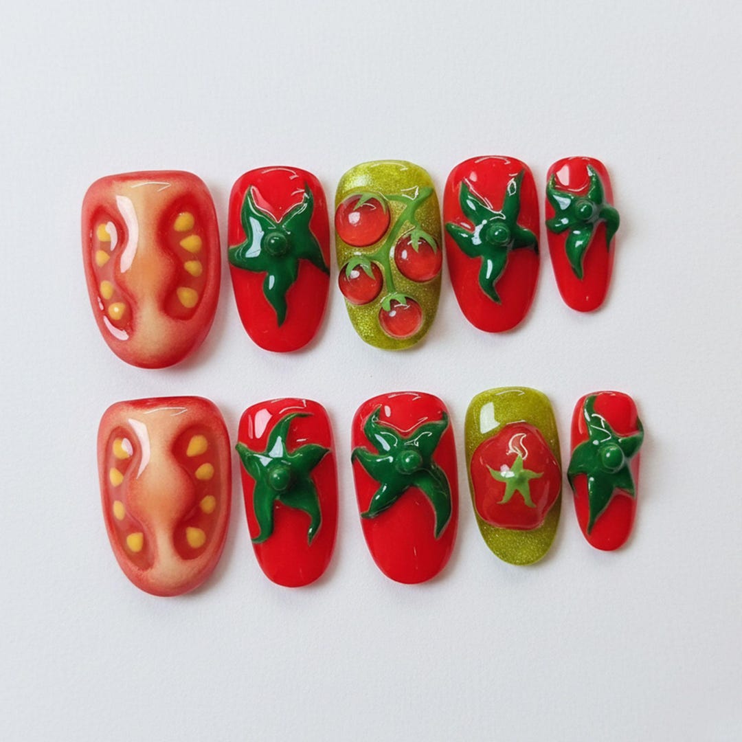 Handmade Tomato Garden Press on Nails | 3D Cherry Tomatoes & Leaf Art ...
