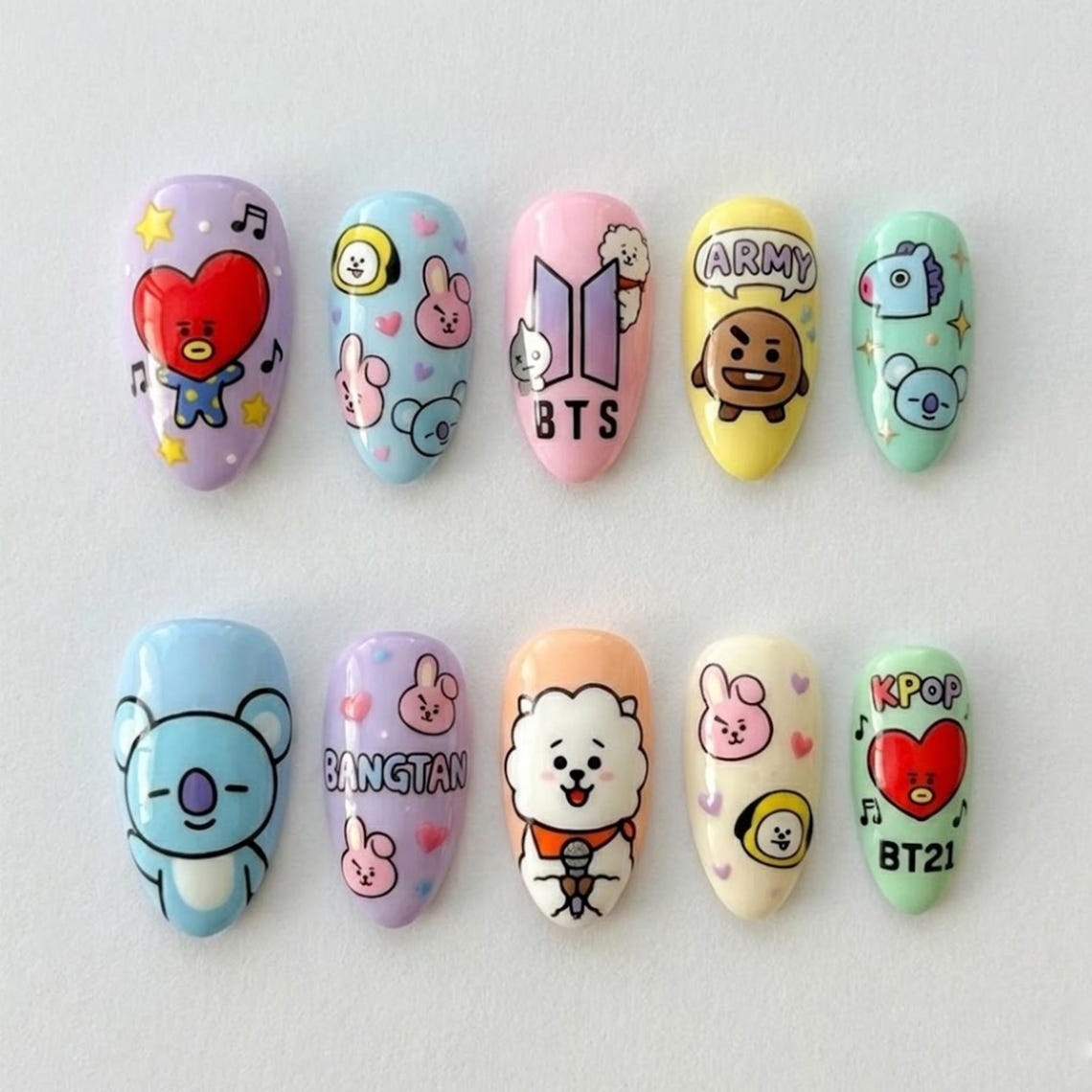 Handmade BT21 Kpop Press on Nails | Hand Painted Tata, Chimmy, Cooky ...