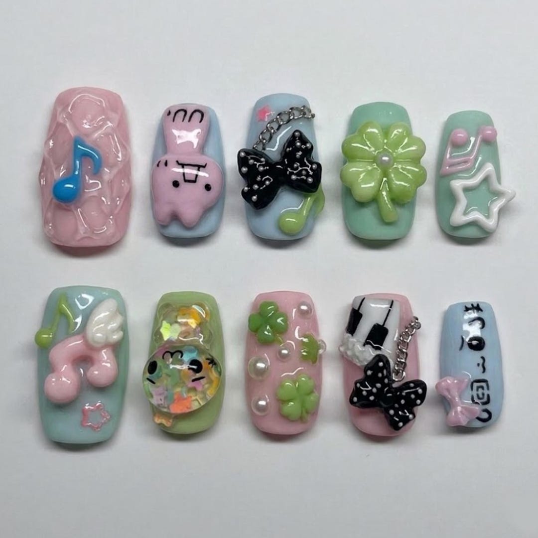 3D Kawaii Pastel Press on Nails, Y2K Music Note Fake Nails, Mismatched ...