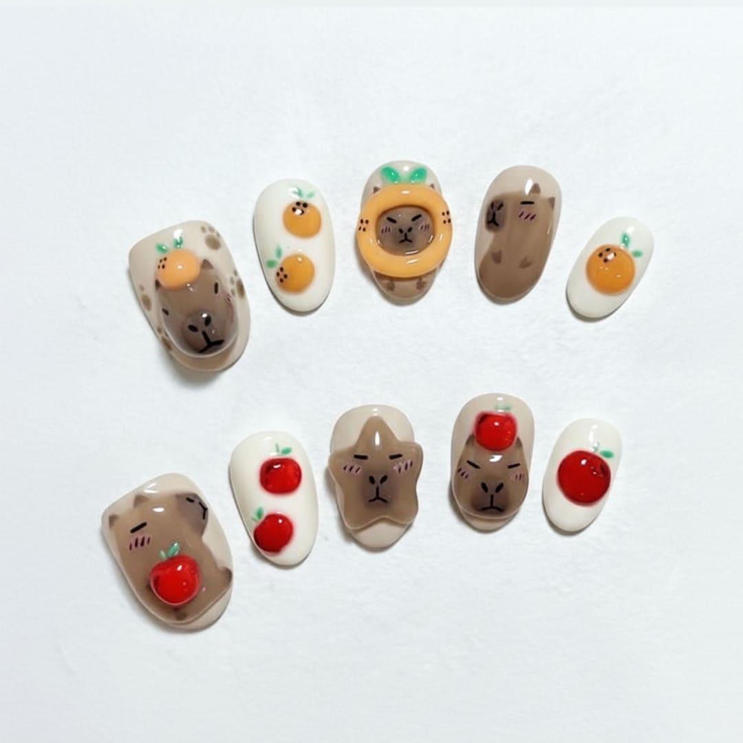 Handmade Kawaii Capybara Press on Nails | Capybara Faces With Red ...