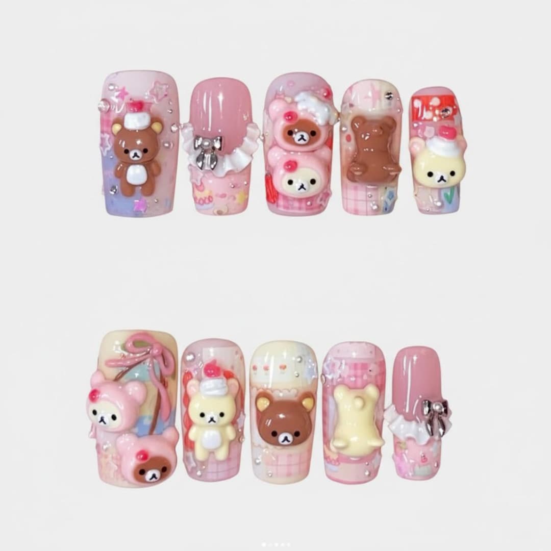 Handmade Kawaii Bear Press on Nails | Rilakkuma, Bows & Creamy 3D ...