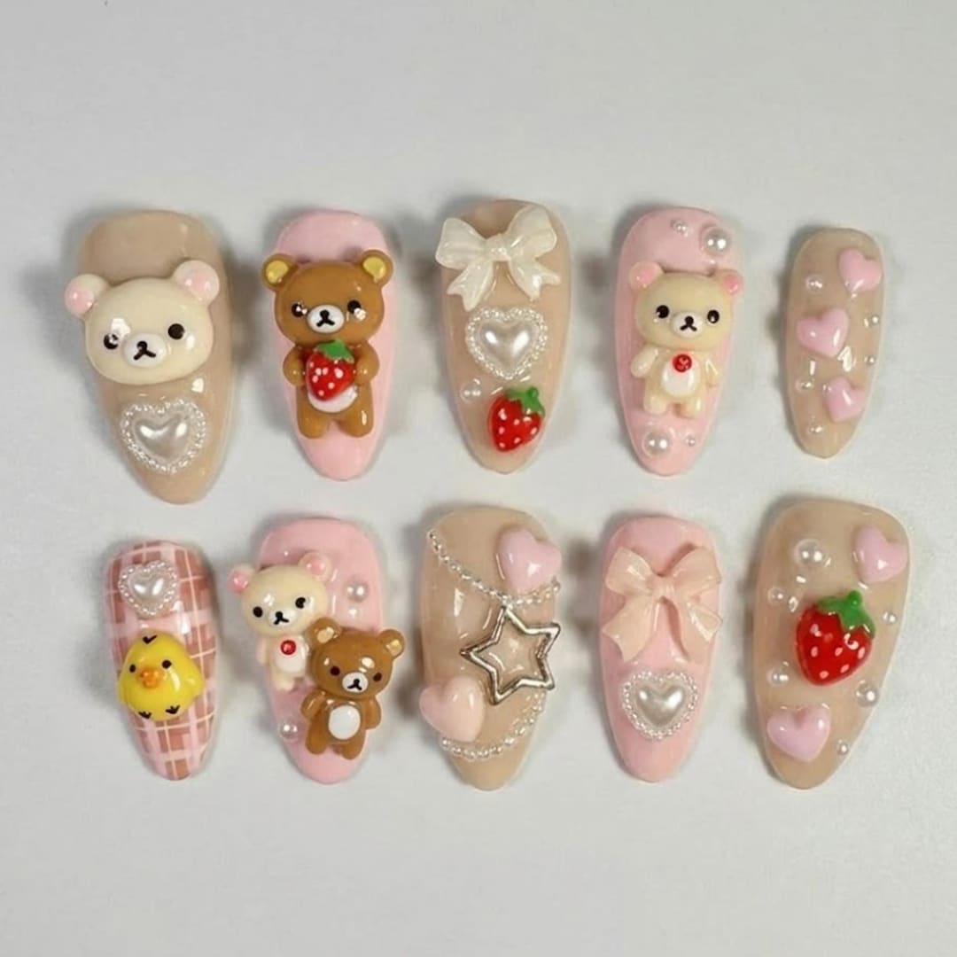 Handmade Rilakkuma & Korilakkuma Press on Nails | 3D Bears, Strawberry ...