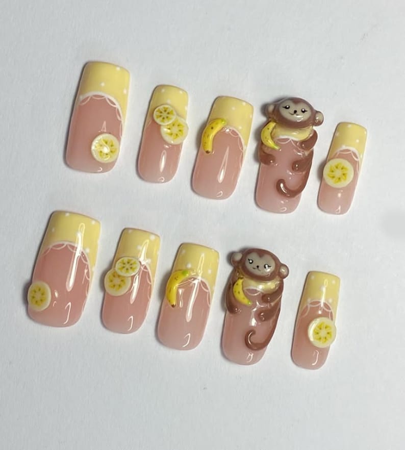 Handmade Cute Monkey Banana Press on Nails, Yellow French Tip Fruit ...
