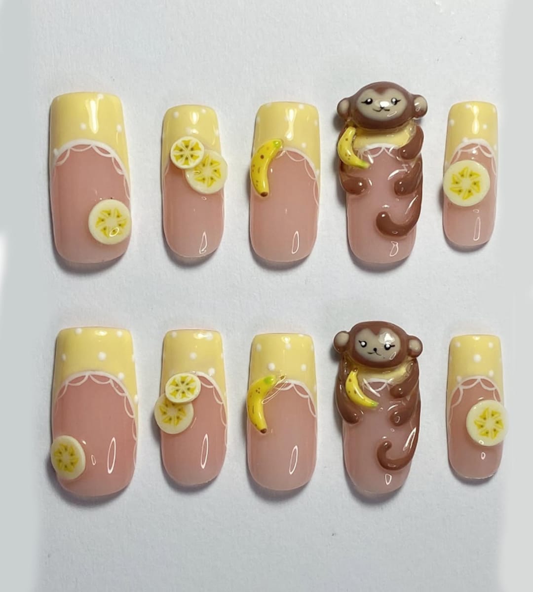 Handmade Cute Monkey Banana Press on Nails, Yellow French Tip Fruit ...